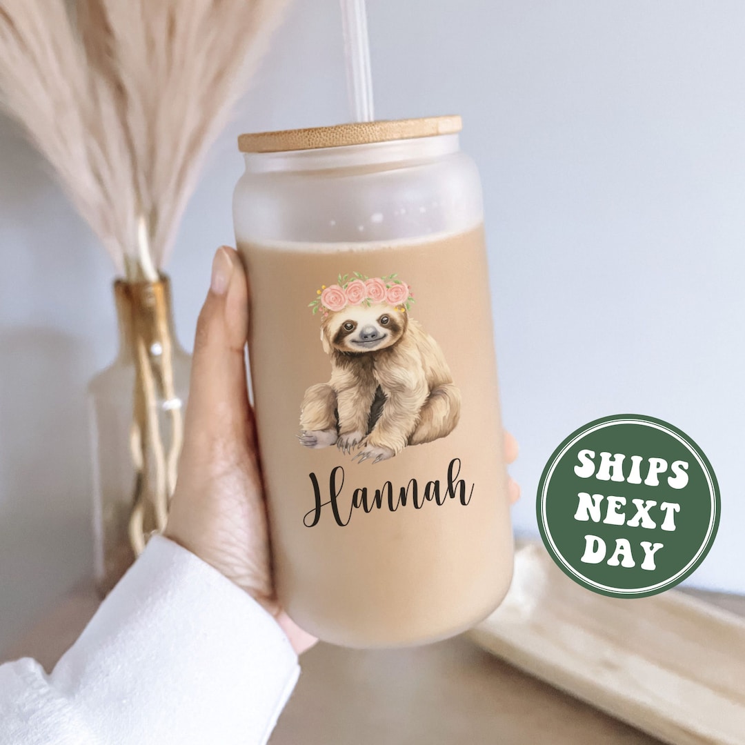 Personalized Sloth Glass Cup, Custom Sloth Frosted Glass Cup Tumbler ...