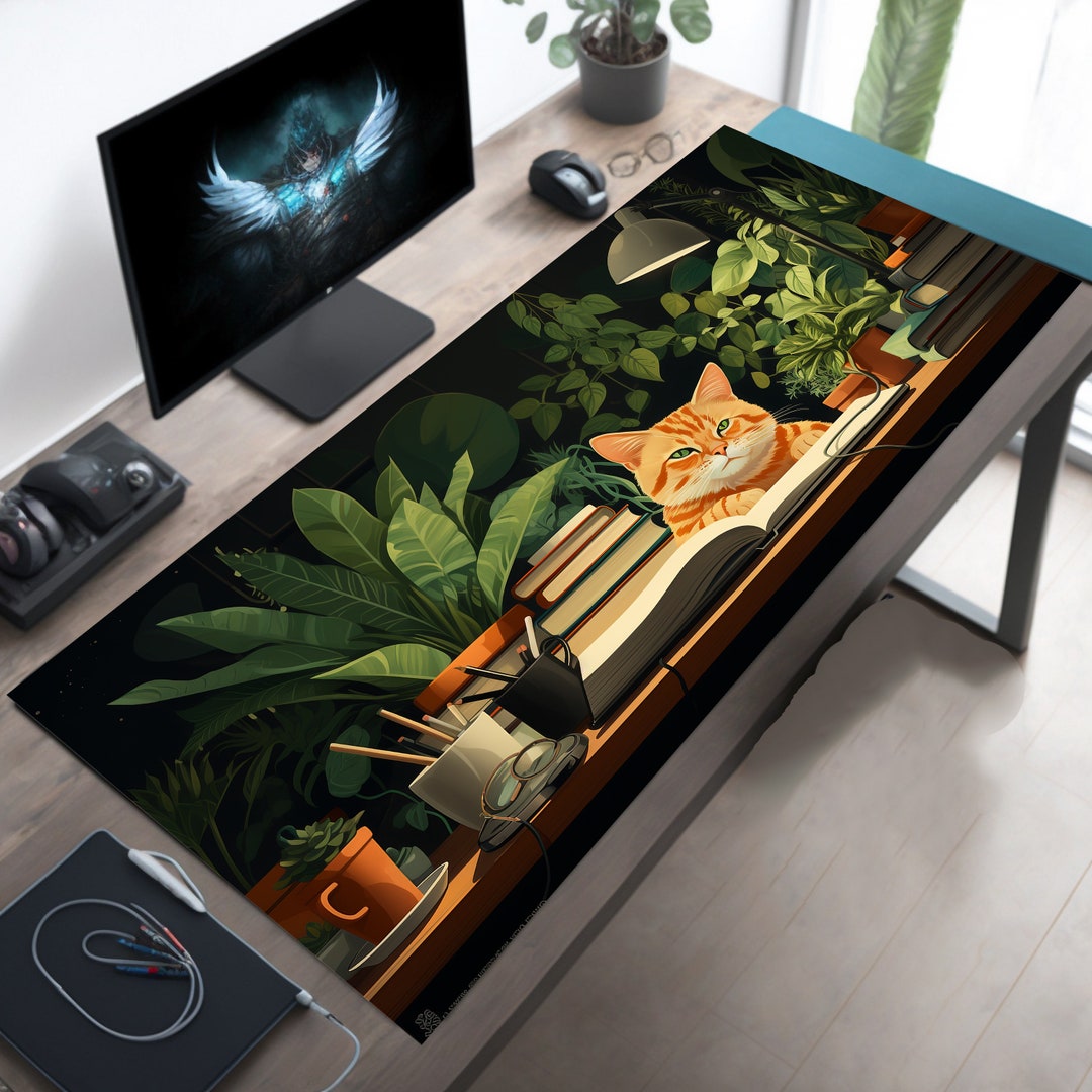 Work Cat Desk Mat, Cute Mouse Mat, Kawaii Desk Mat, Lofi Desk Mat, Cat ...