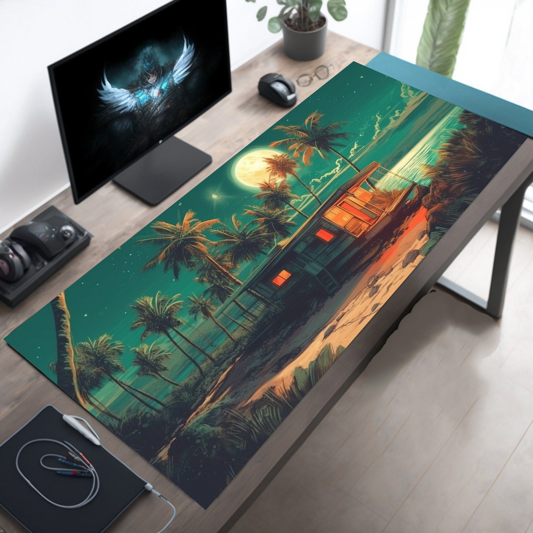 Retro Hippy Malibu Beach Desk Mat, 1960s Trailer Home Scene, Full Moon ...