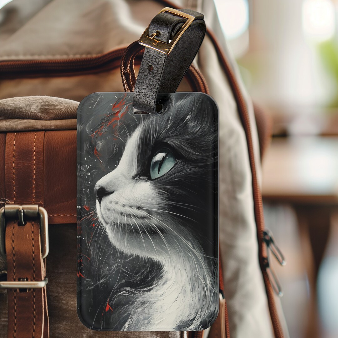 Kawaii Cute Cat Luggage Tag Featuring a Black and White Cat on Dark ...