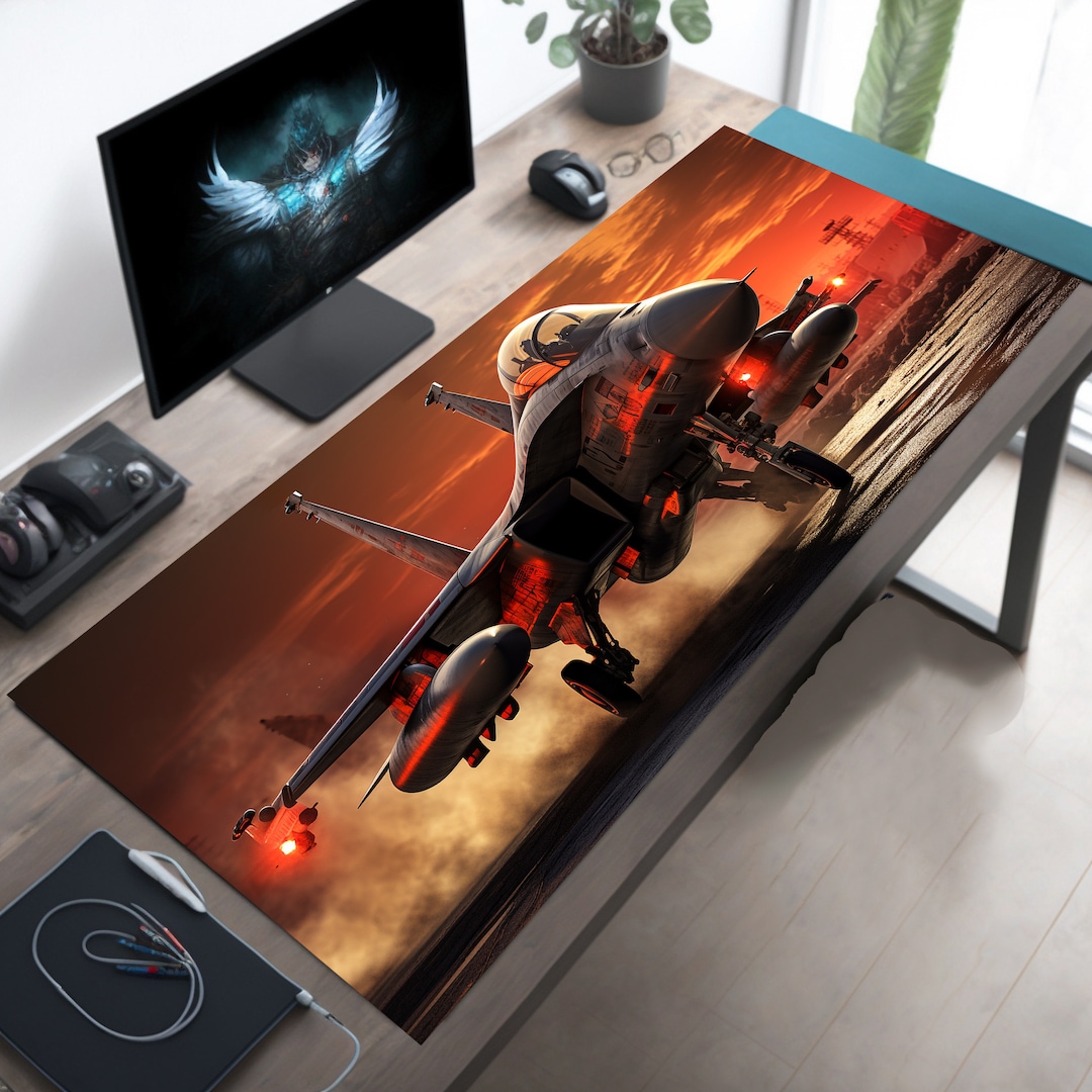 Gaming Desk Mat Featuring Military Fighter Jet Landing on an Airfield ...