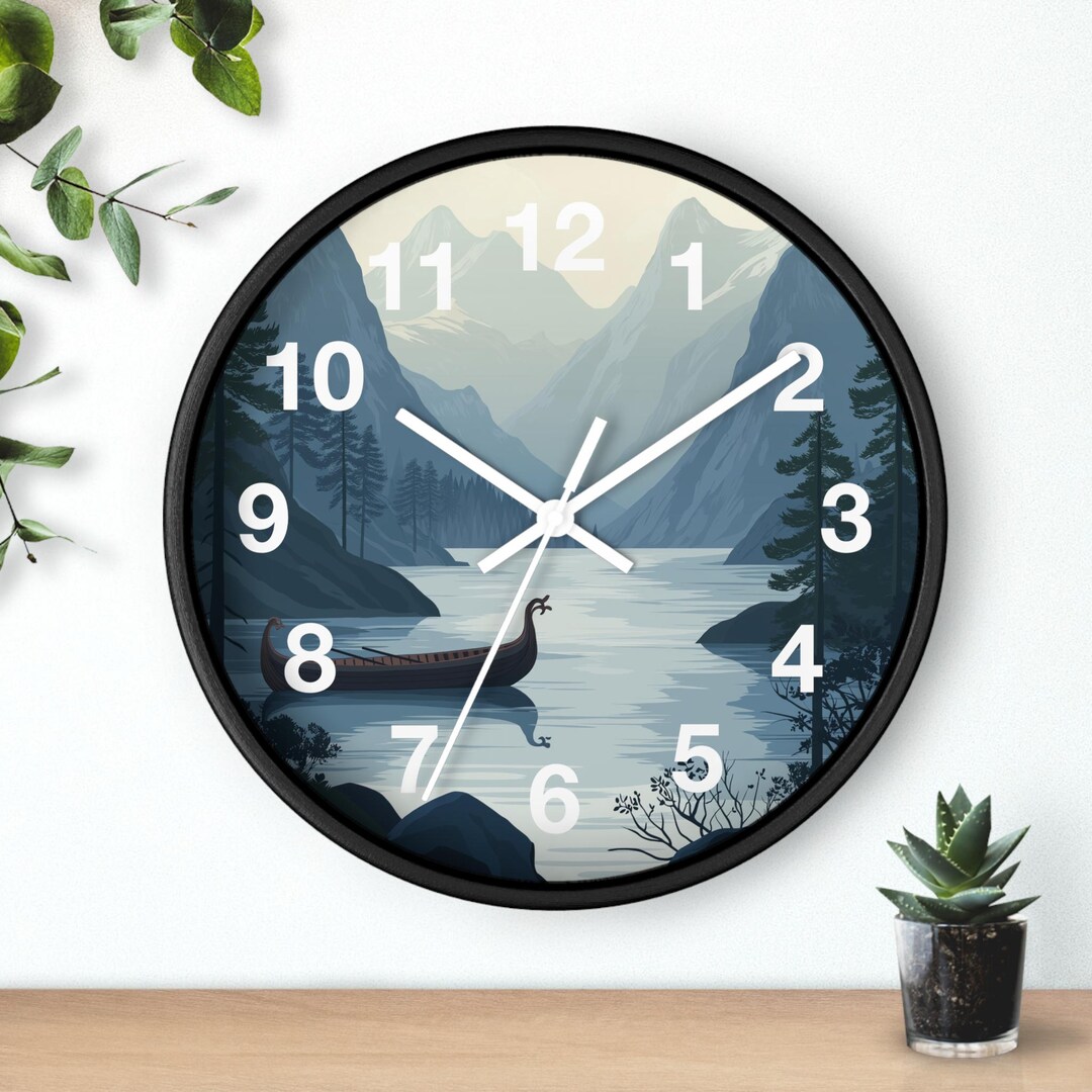 10 Round Wall Clock Featuring a Lovely Serene Nordic Viking Fjord Art ...