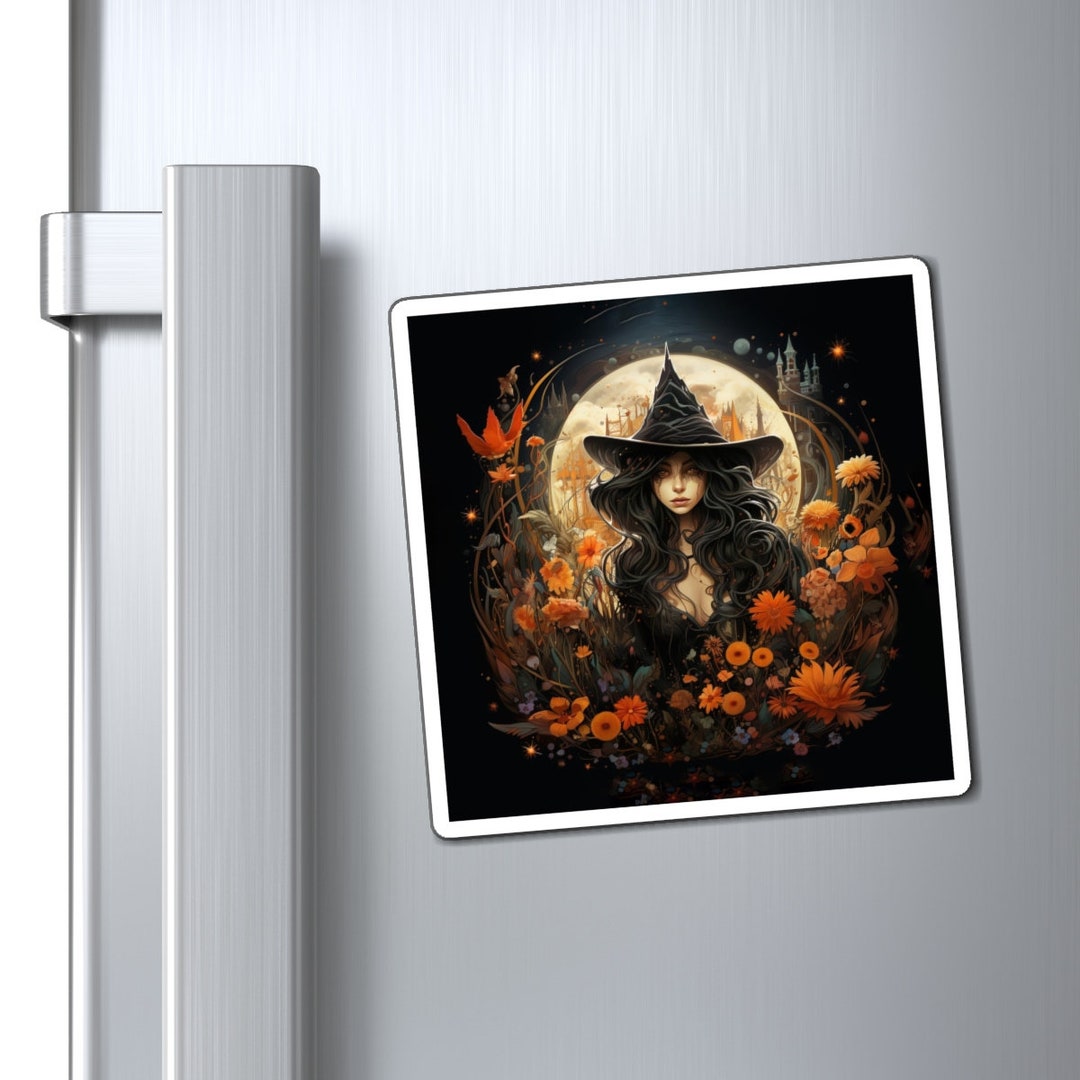 Cute Gothic Witch and Full Moon Refrigerator Magnet, Witch Magnet ...