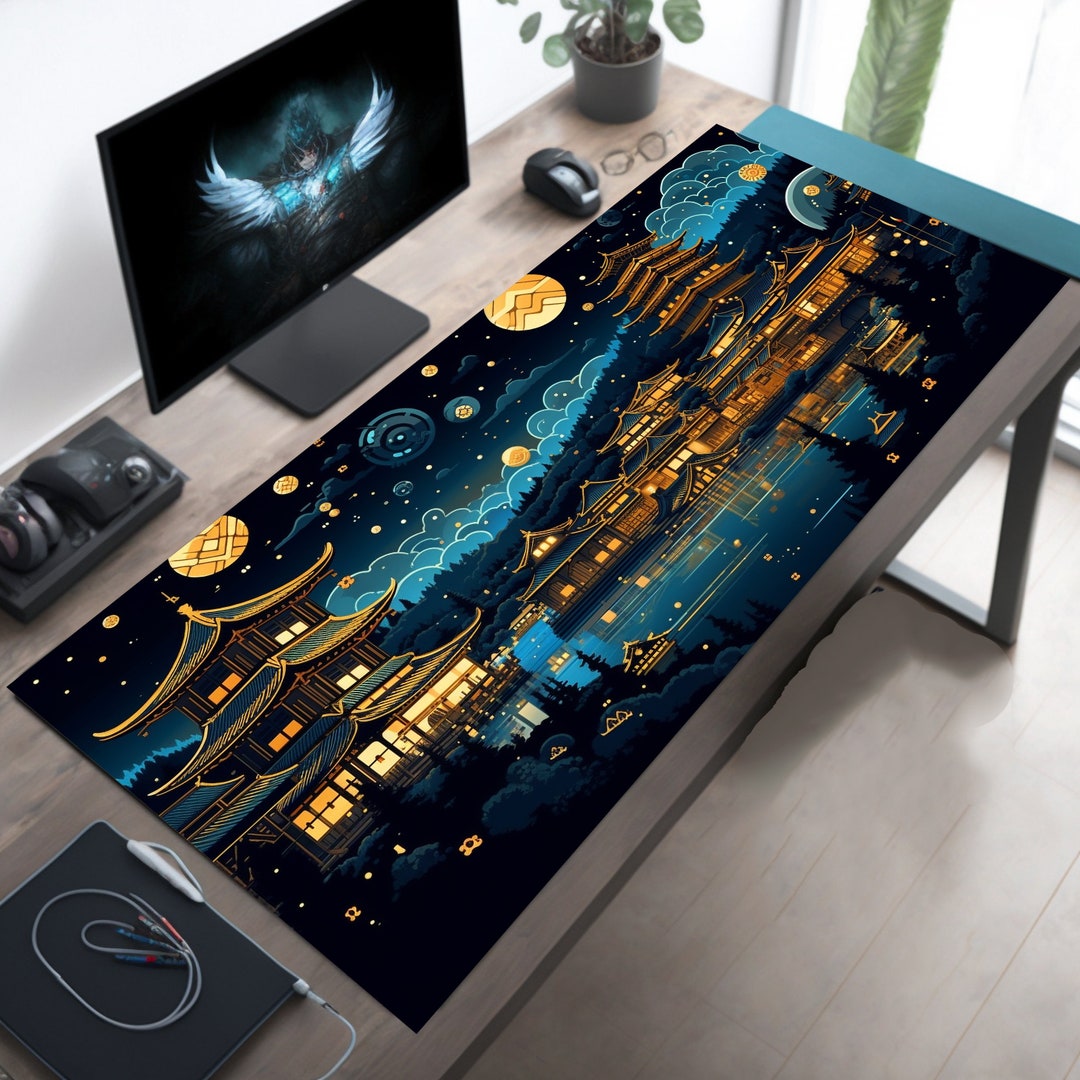 Japanese Dreamscape Desk Mat, Ancient Village and Lake Design, Gold ...