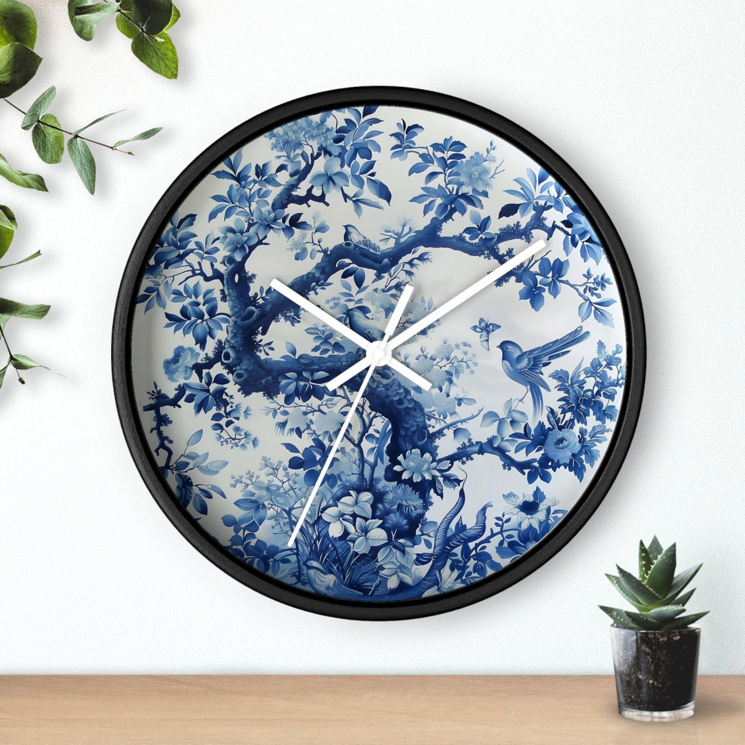 Chinoiserie Floral Blue and White Round Clock for Kitchen, Office ...