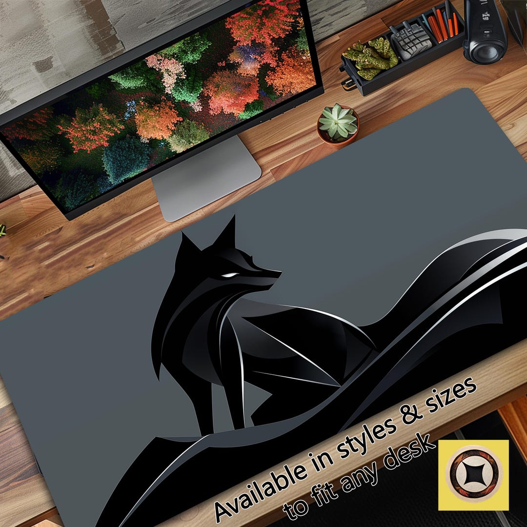 Sleek Gray Fox Desk Mat - Gray Desk Decor - Aesthetic Desk Pad - Black ...