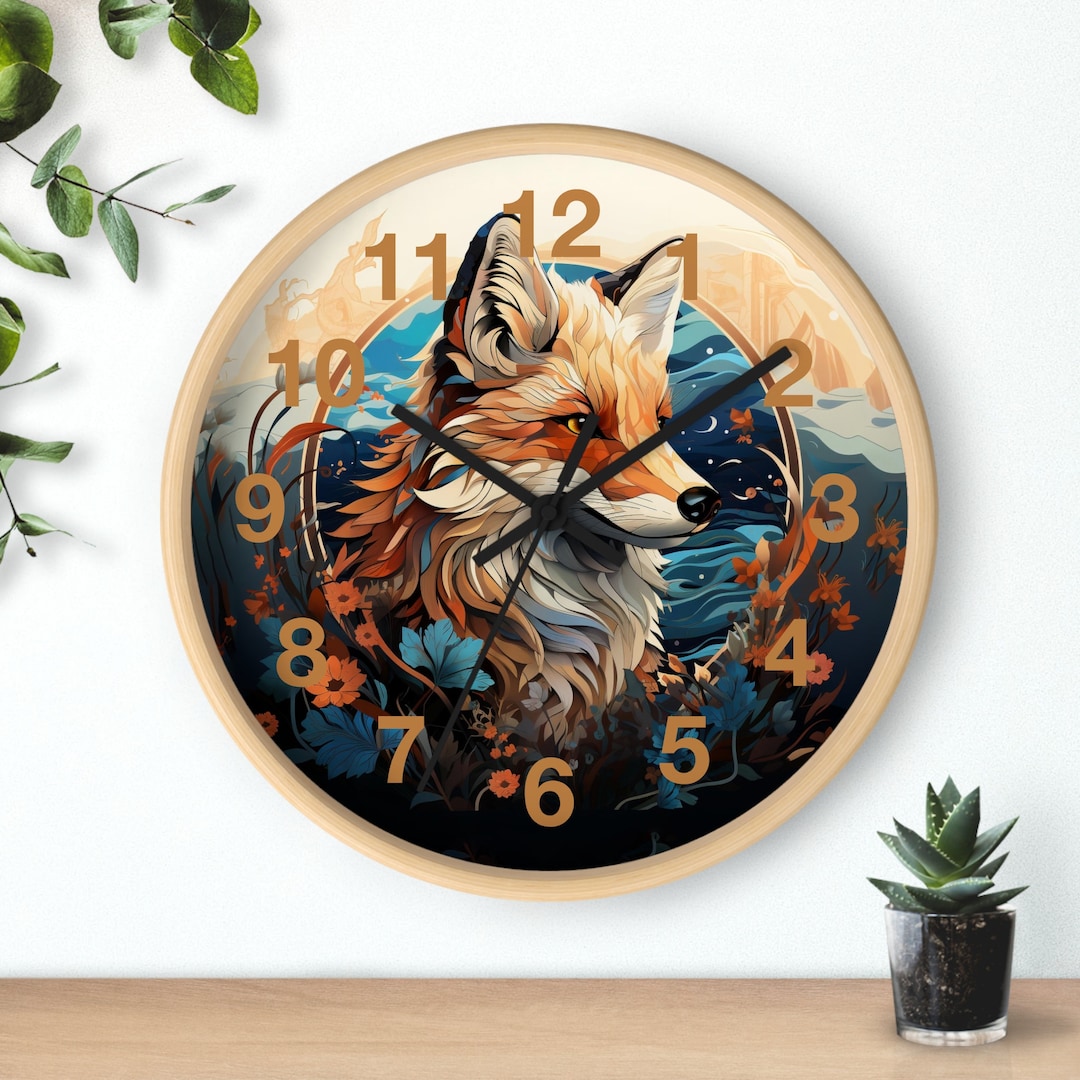 Cubist-japanese Art Wall Clock, Red Fox & Wildflower Design, Unique ...