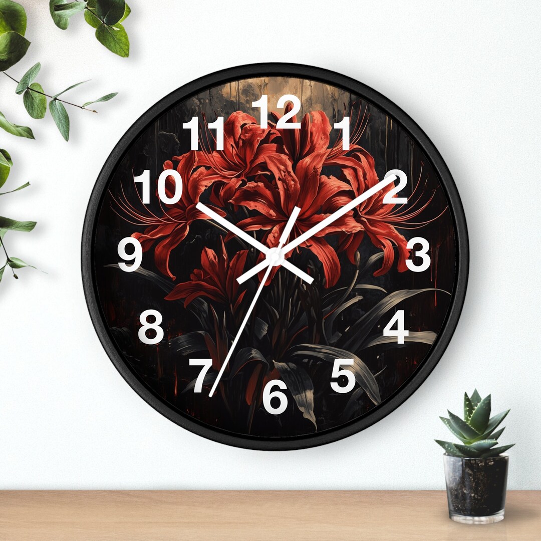 Gothic Red Spider Lily Print Round Wall Clock Floral Wall Clock Office ...