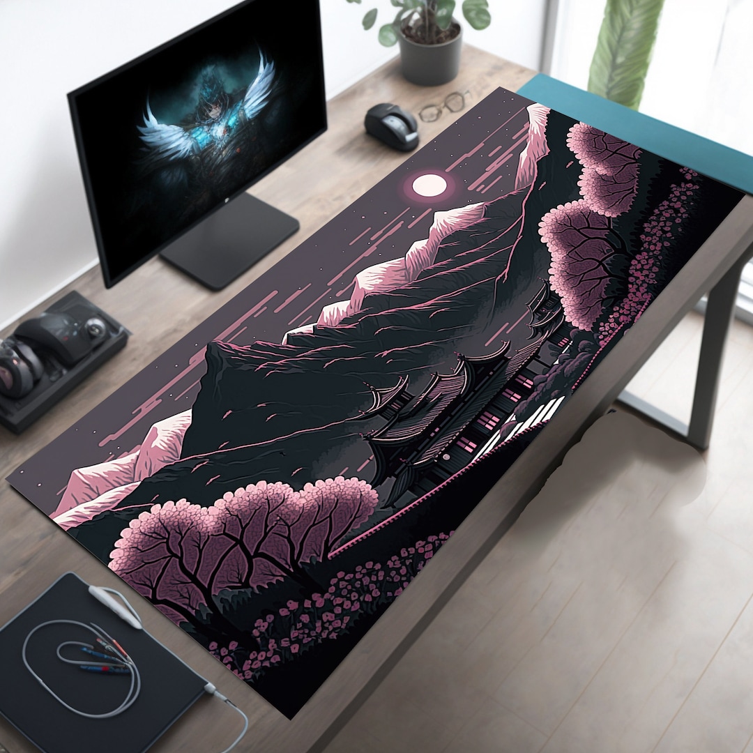 Midnight Minka Mountain Desk Mat, Sakura Blossom Gaming Pad, Japanese ...
