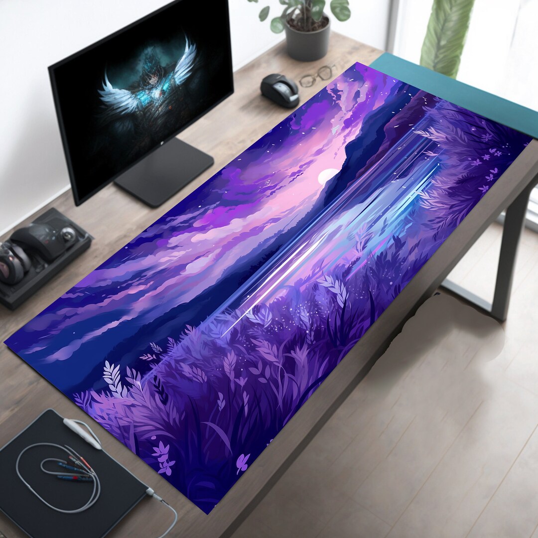 Pastel Anime Sunset Desk Mat, Manga Style Mountain Lake Mouse Pad ...