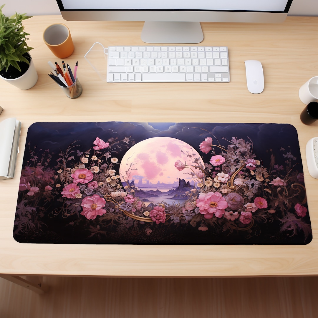 Fantasy Pink Lunar Wildflower Desk Mat, Cute Desk Decor, Moon Mousepad ...
