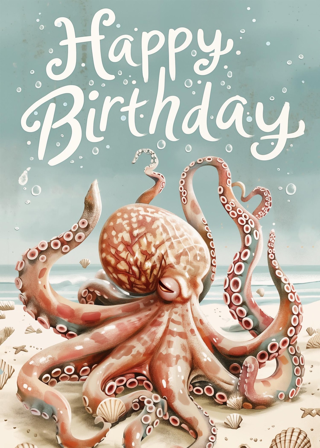 Cute Octopus Happy Birthday Card, Octopus Birthday Card, Beachy ...