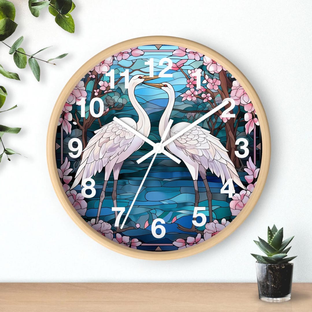 Japanese Cranes and Sakura Blossoms 10" Round Wall Clock - Look of ...