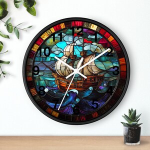 Round Wall Clock Featuring Pirate Ship and Waves in the Style of ...