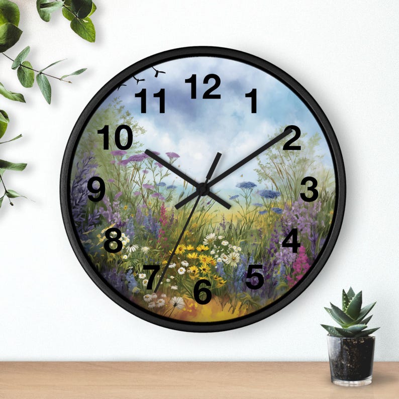 Wildflower Meadow 10" Round Wall Clock Featuring Scenic Country Meadow ...