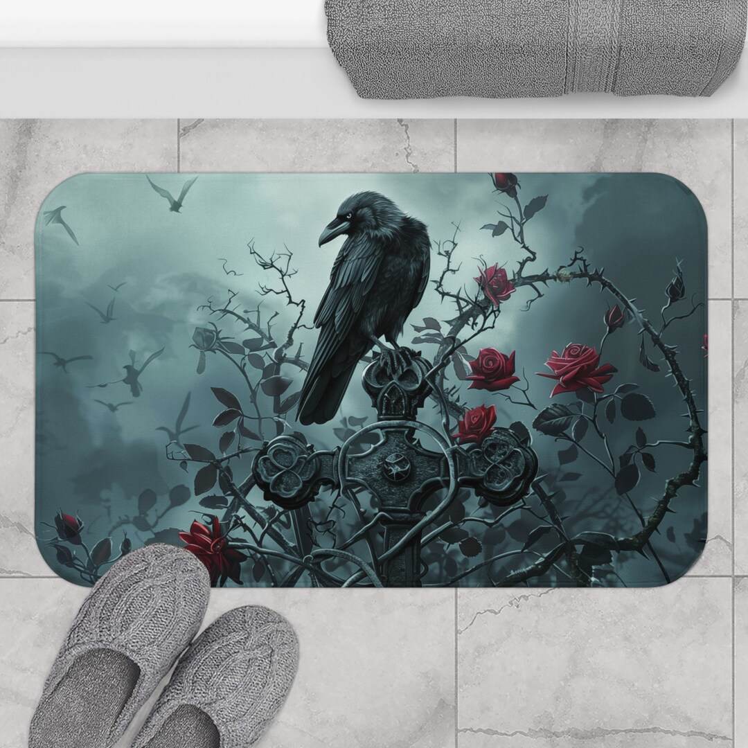 Goth Bath Mat Featuring Blakc Raven Perched on a Gothic Cross ...