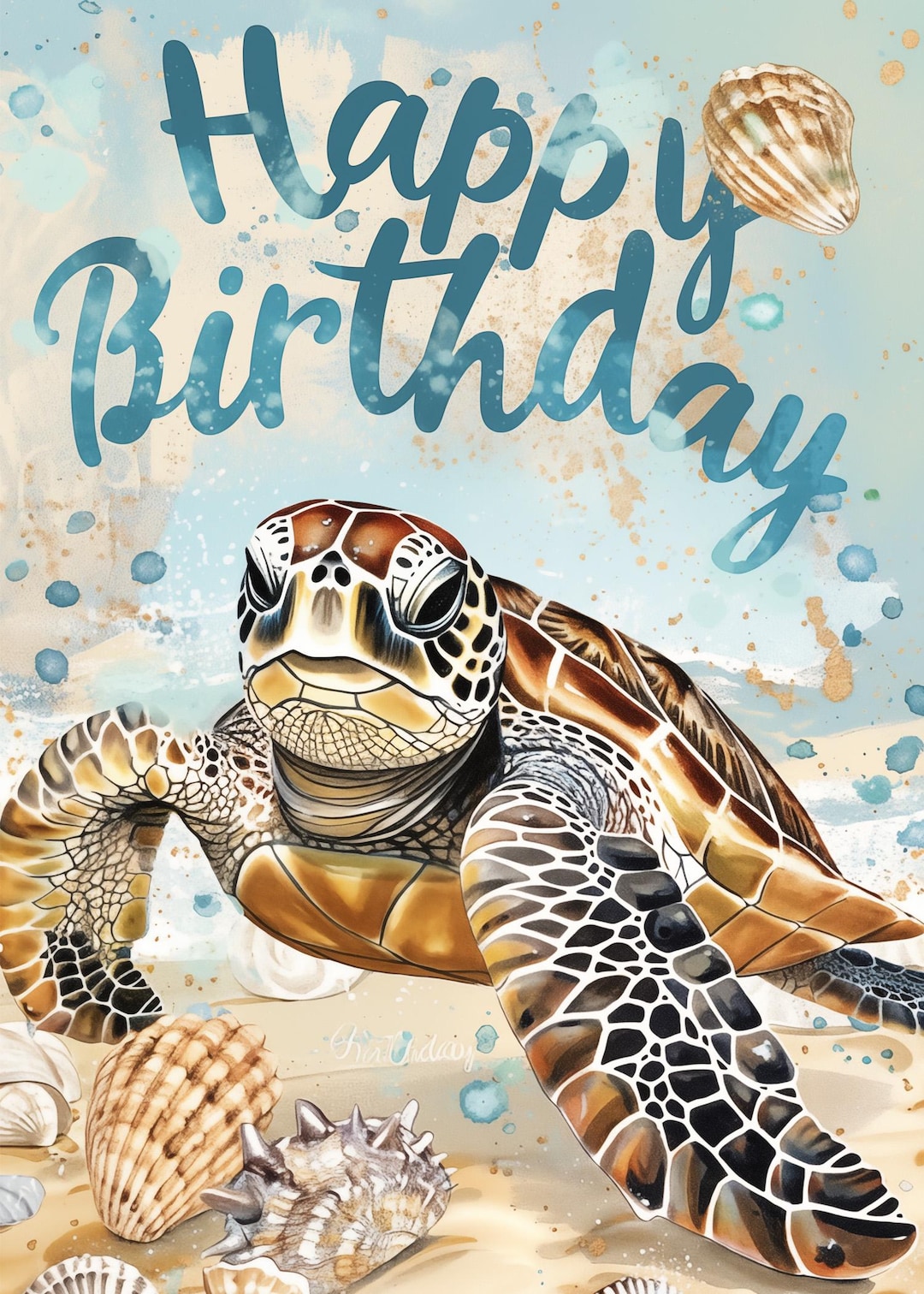 Cute Sea Turtle Happy Birthday Card, Ocean Lovers Birthday Card ...