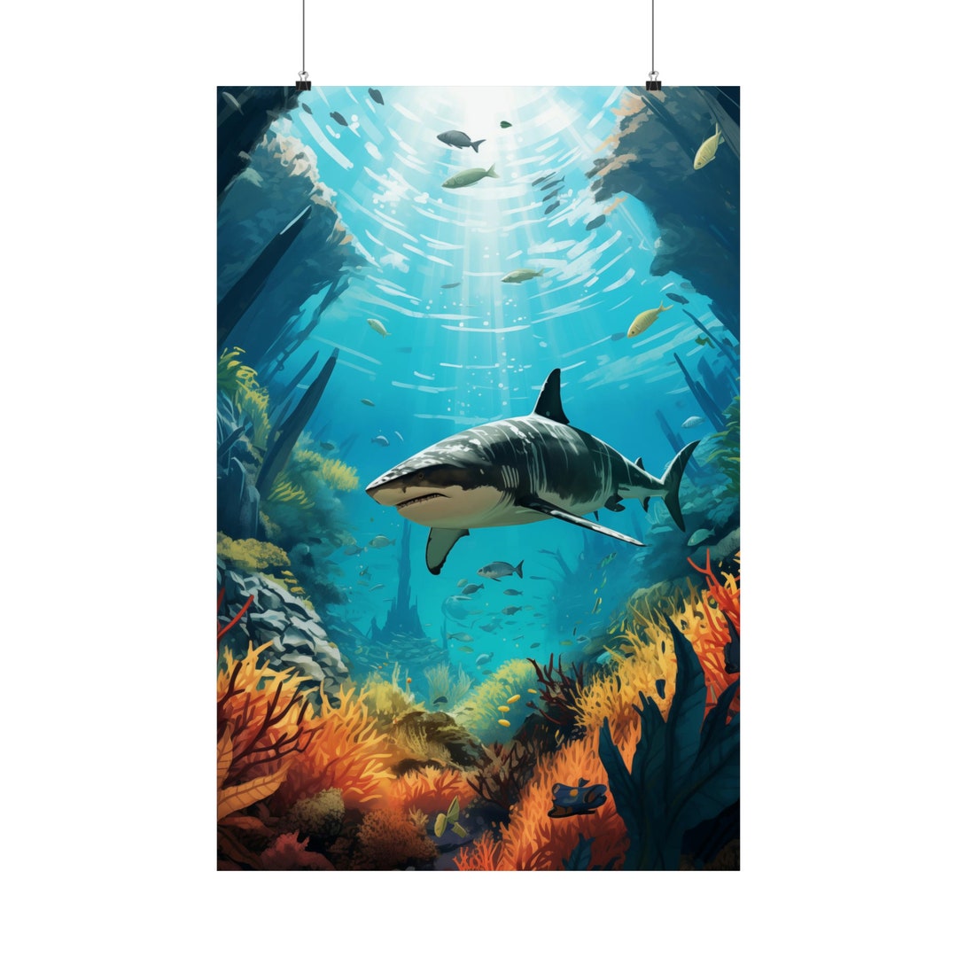 Shark Poster, Ocean Wall Decor, Beach Home Wall Art, Shart Art Print ...