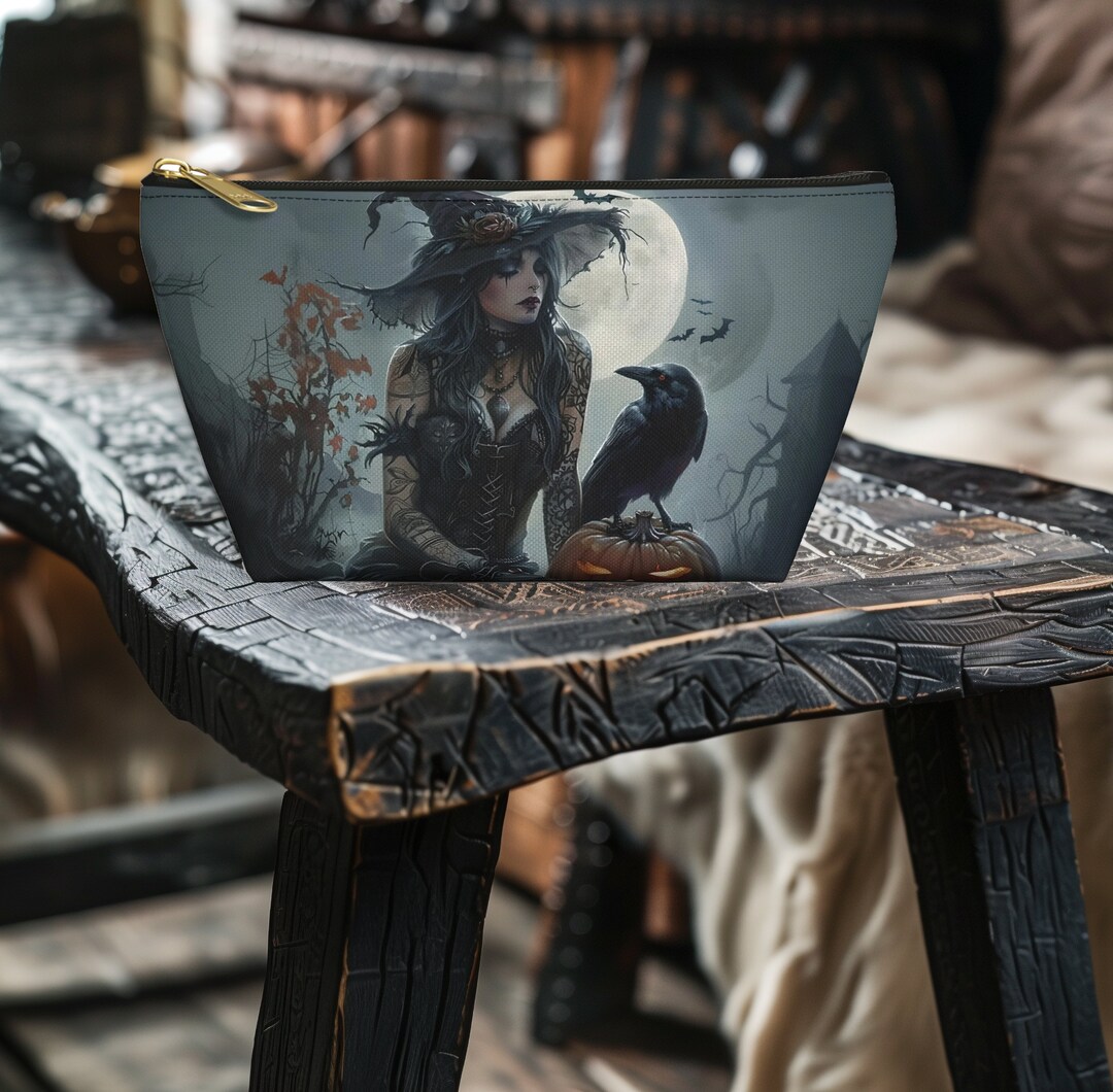 Fantasy Gothic Full Moon Gray Witch and Raven Makeup Bag, Pencil Case ...