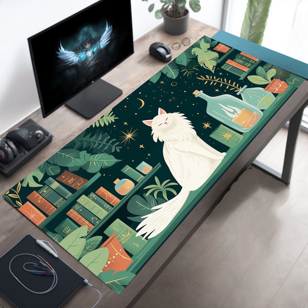 Kawaii Cute White Cat Desk Mat Mousepad XL, Kawaii Playmat TCG, Cat ...