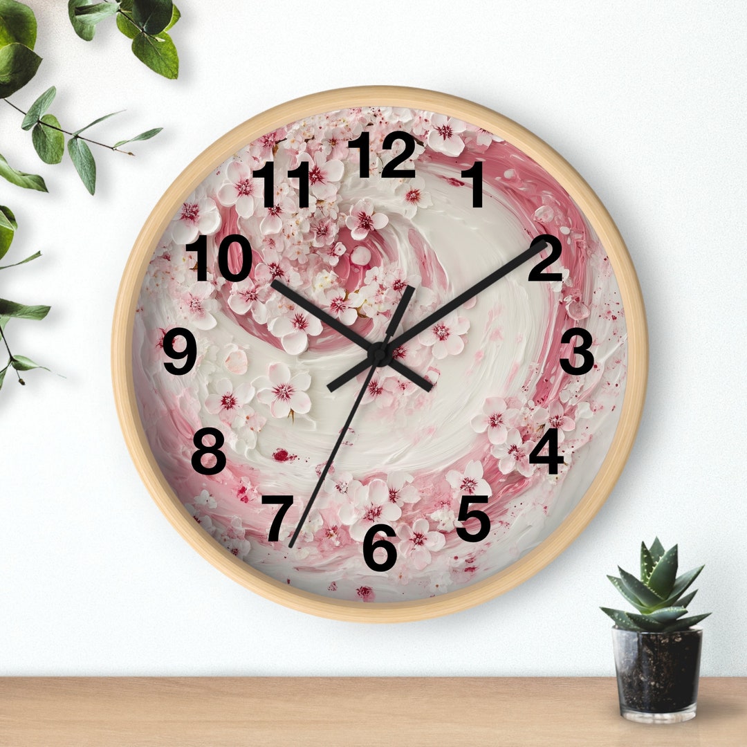 Cute Round Wall Clock Featuring Delicate Pink and White Sakura Blossom ...