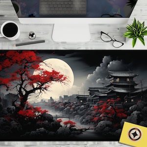 Riverside Japan Full Moon in Black and Red, Long Mouse Pad, Extra Large ...