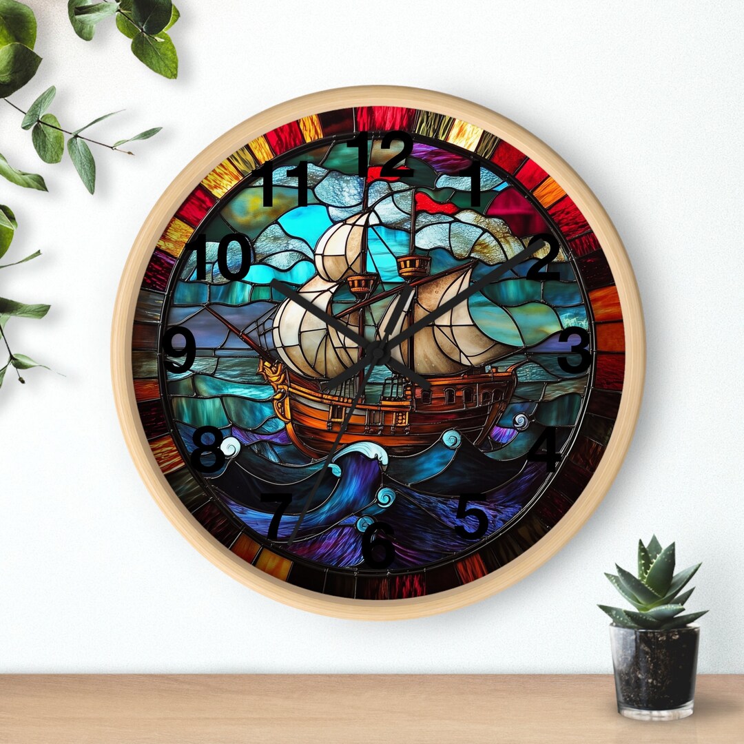 Round Wall Clock Featuring Pirate Ship and Waves in the Style of ...