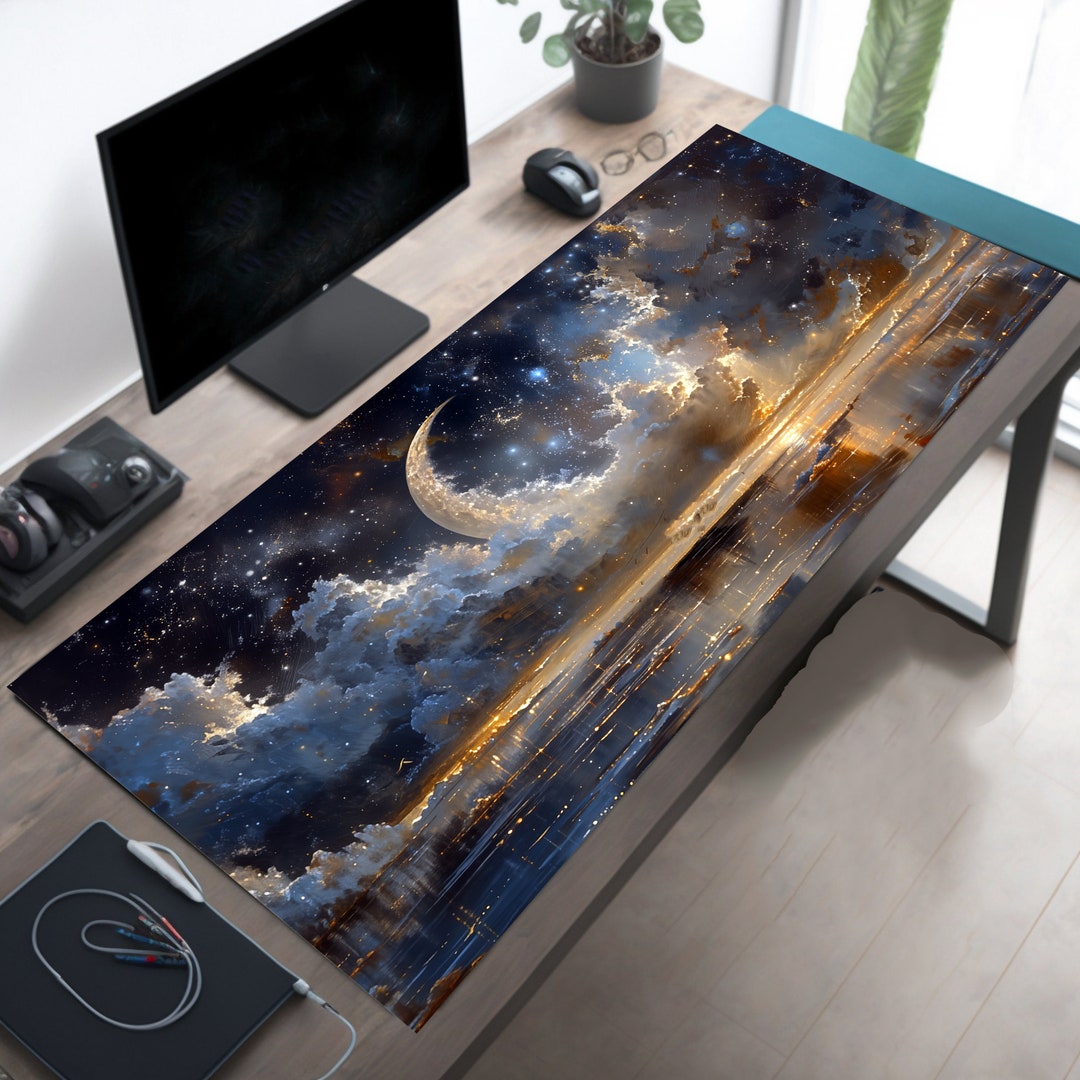 Celestial Slumber Gaming Desk Mat, Cute Desk Decor, Gold and Blue ...