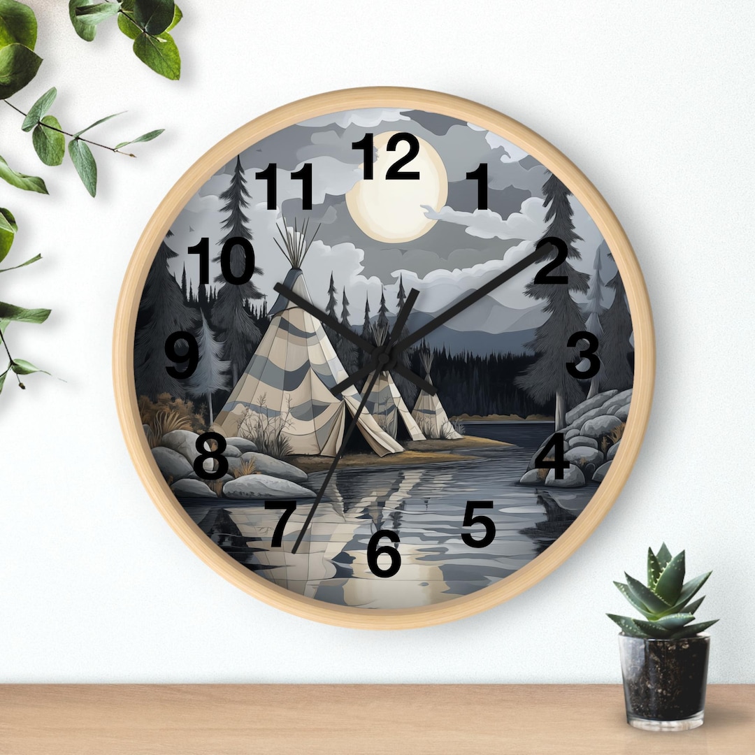 Serene Native American Tipi Village at Full Moon Round Wall Clock - New ...