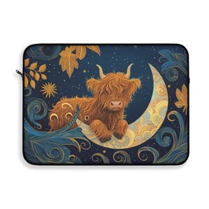 Cute Baby Highland Cow Hugging the Moon Laptop Sleeve, Cow Tablet Case ...
