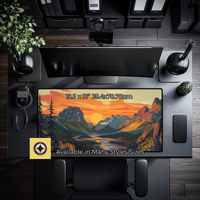 MCM Desk Mat Mousepad Featuring Western Mountain Sunset in Mid Century ...