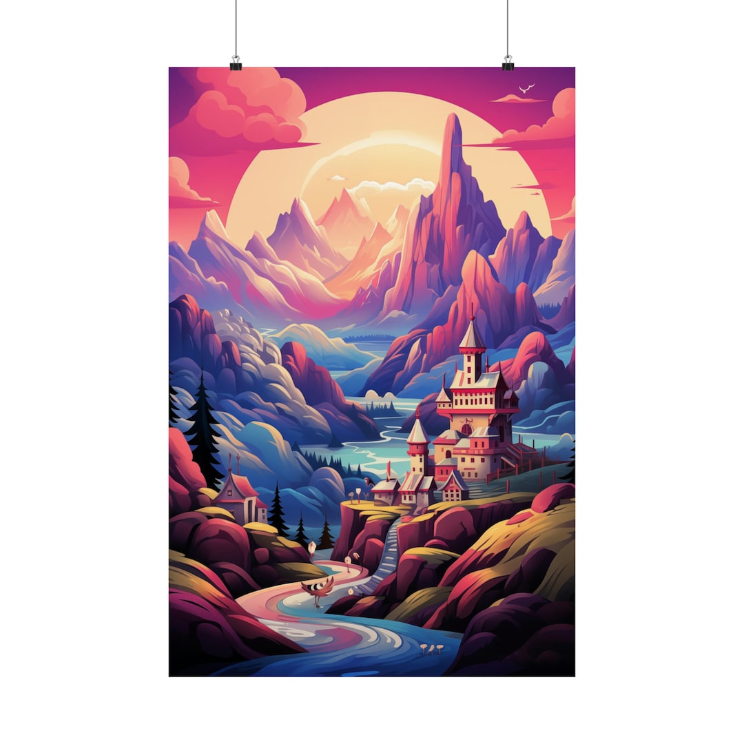 Kawaii Poster, Fantasy Mountain Castle Art, Cute Wall Decor, Kawaii ...