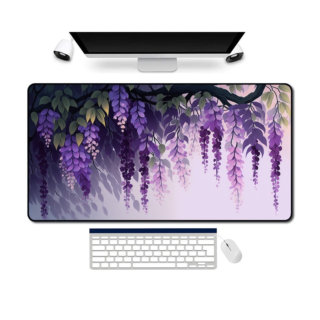 Purple Wisteria Desk Mat, Pastel Floral Office Decor, Anti-fray Hemmed ...