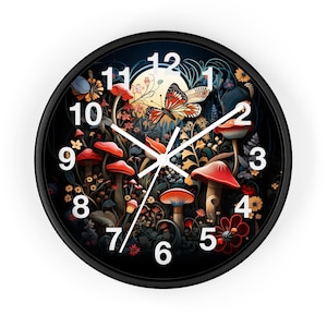 Midnight Mushrooms, Artisan Wall Clock, Whimsical Butterfly & Red ...