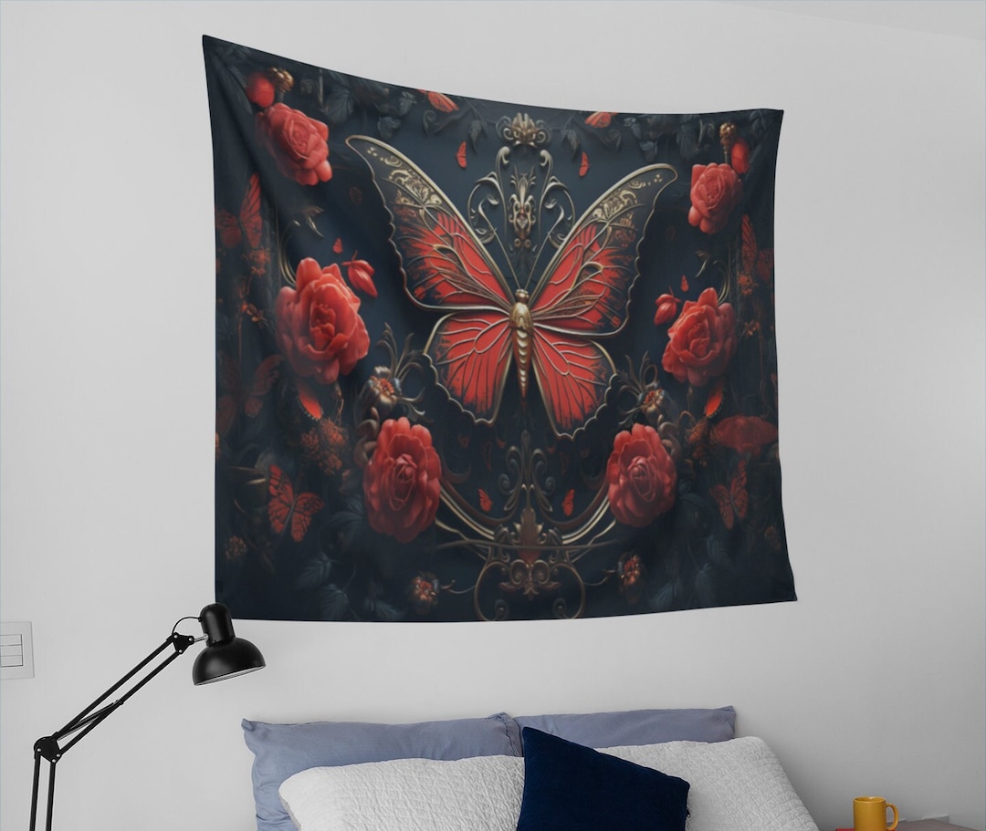 Unique Wall Decor, Goth Tapestry, Gothic Tapestry, Gilded Floral Moth ...