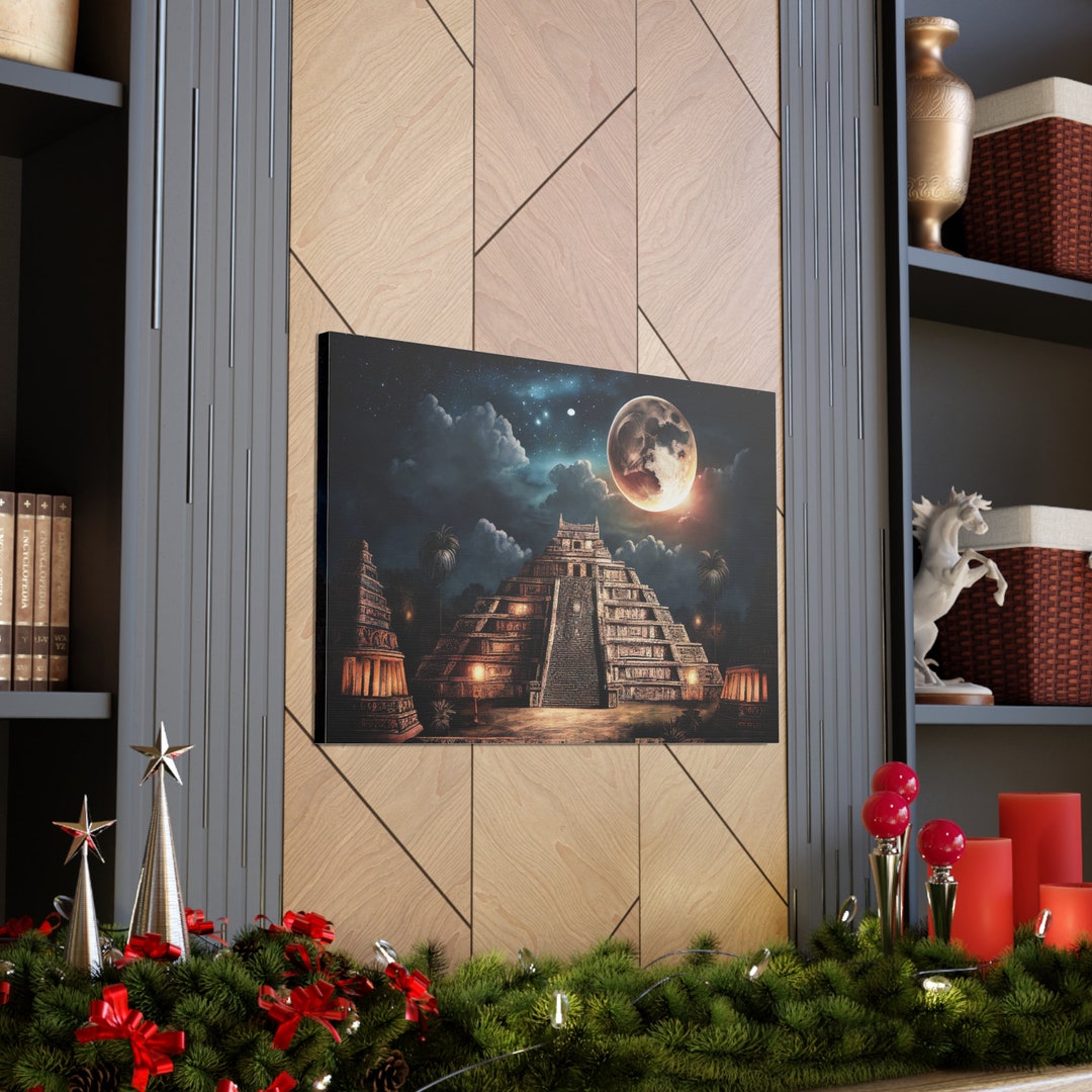 Aztec Pyramid Night Art, Starry Cloudy Sky, Full Moon Canvas, Ancient ...