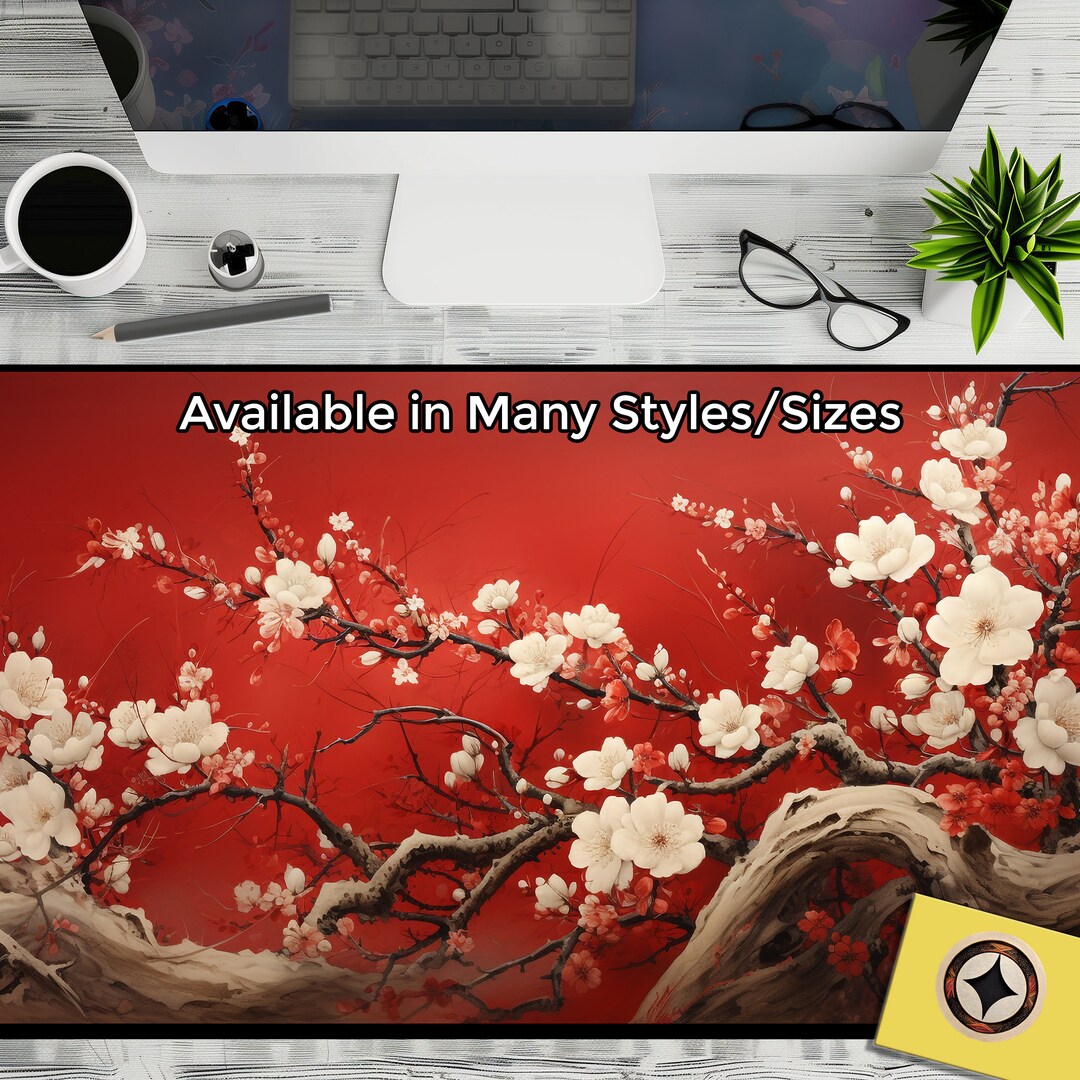 Red Japanese Vintage Style Floral Desk Mat, Japanese Desk Mat, Japan ...