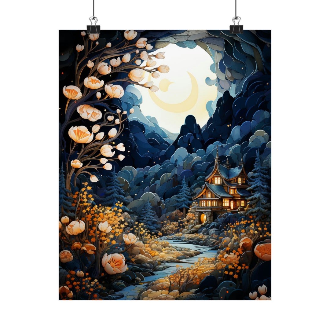 Cute Mountain Cottage Poster, Cottagecore Wall Art, Dreamy Moon and Sky ...