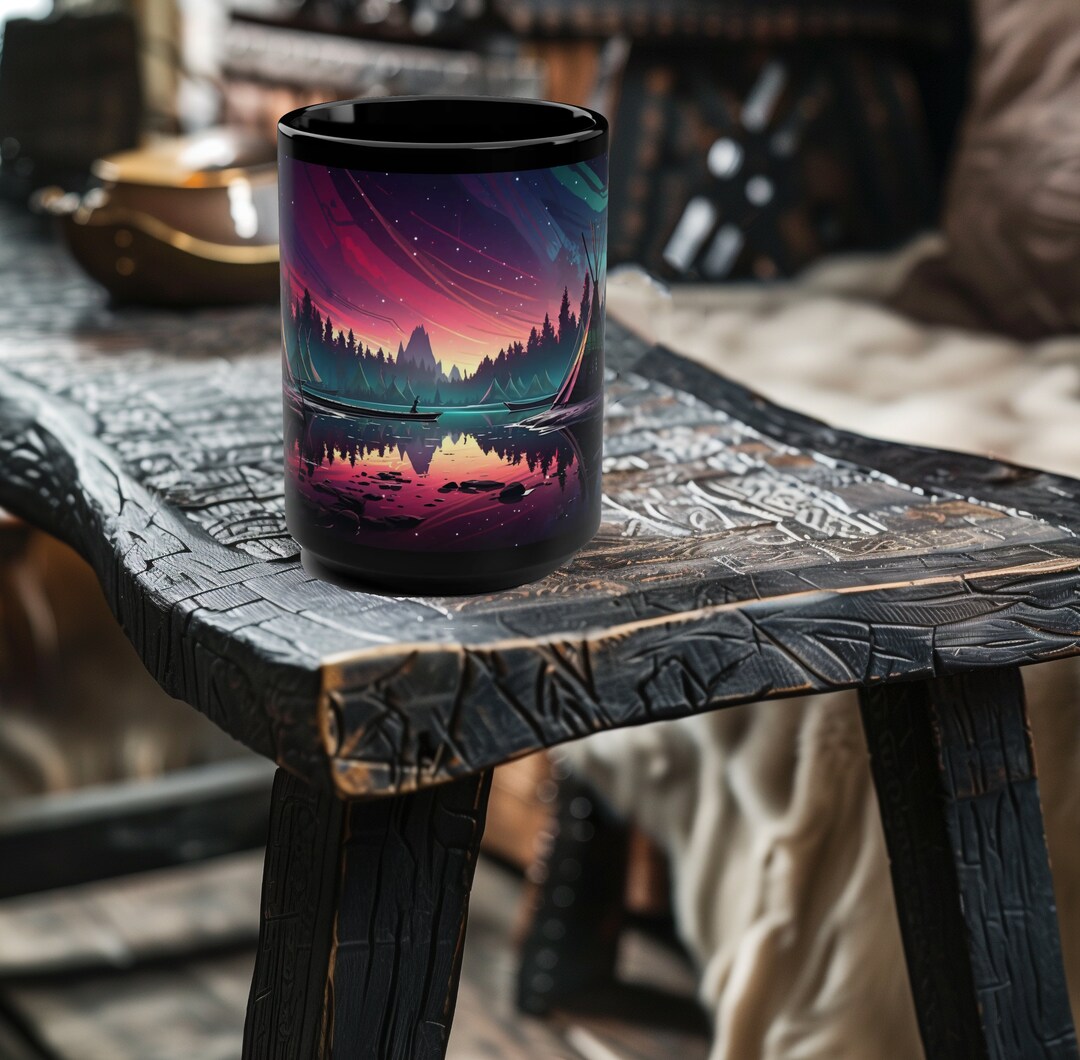 Northern Lights Over Serene Tipi Village Mug, 15oz Coffee Mug, Native ...