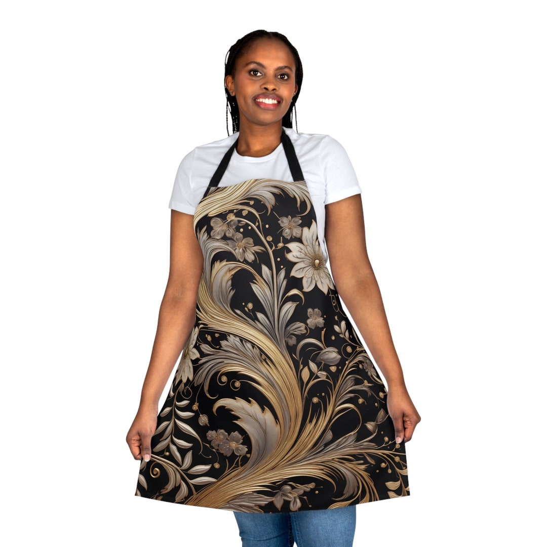 Art Nouveau Whimsical Golden Flower Apron, Unique Kitchen Apron, Arti ...