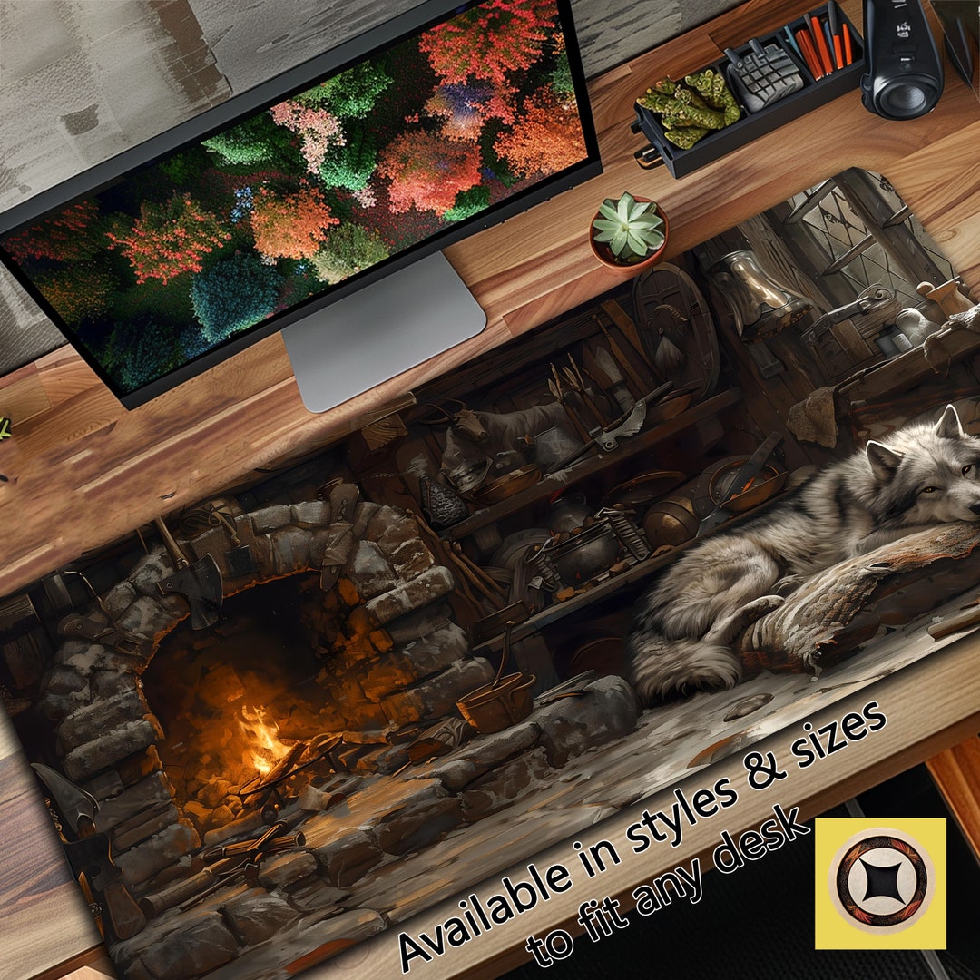 Cozy Medieval Smithy Desk Mat - Rustic Workshop With Relaxing Wolf Desk ...