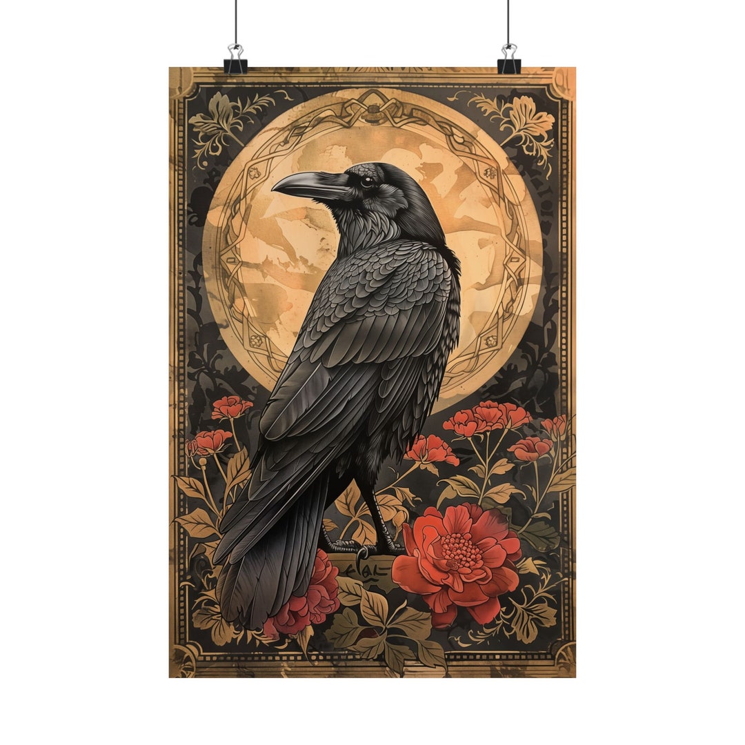 Medieval Floral Raven Poster Art Print - Weathered Look Medieval Poster ...