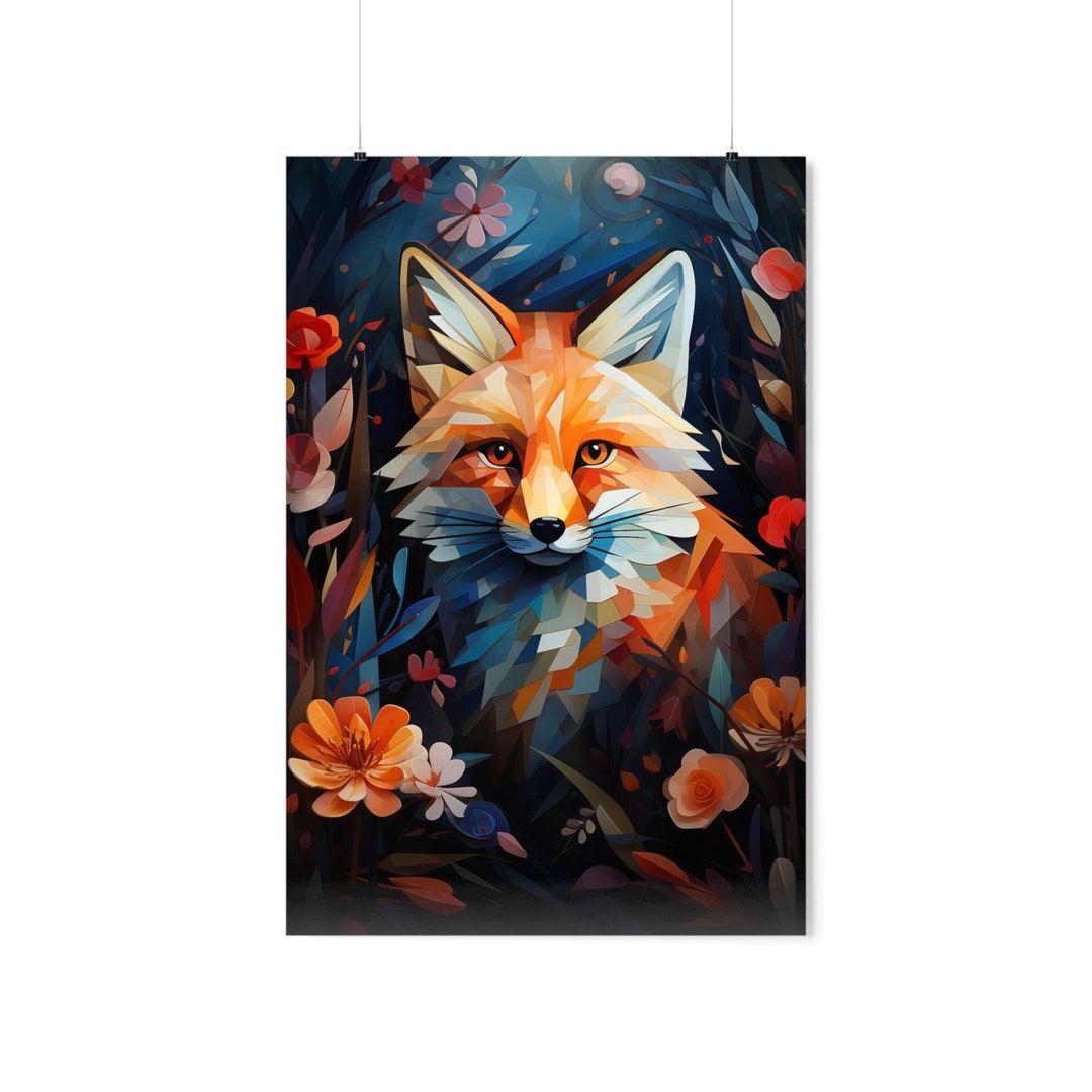 Japanese Fox Poster, Cubist Fox Wall Art, Fox and Wildflower Poster for ...
