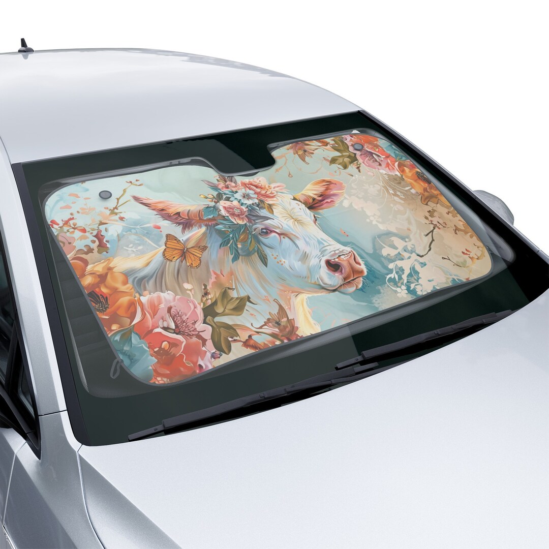 Cute Pastel Floral Cow and Butterfly, Cute Auto Windshield Cover, Car ...