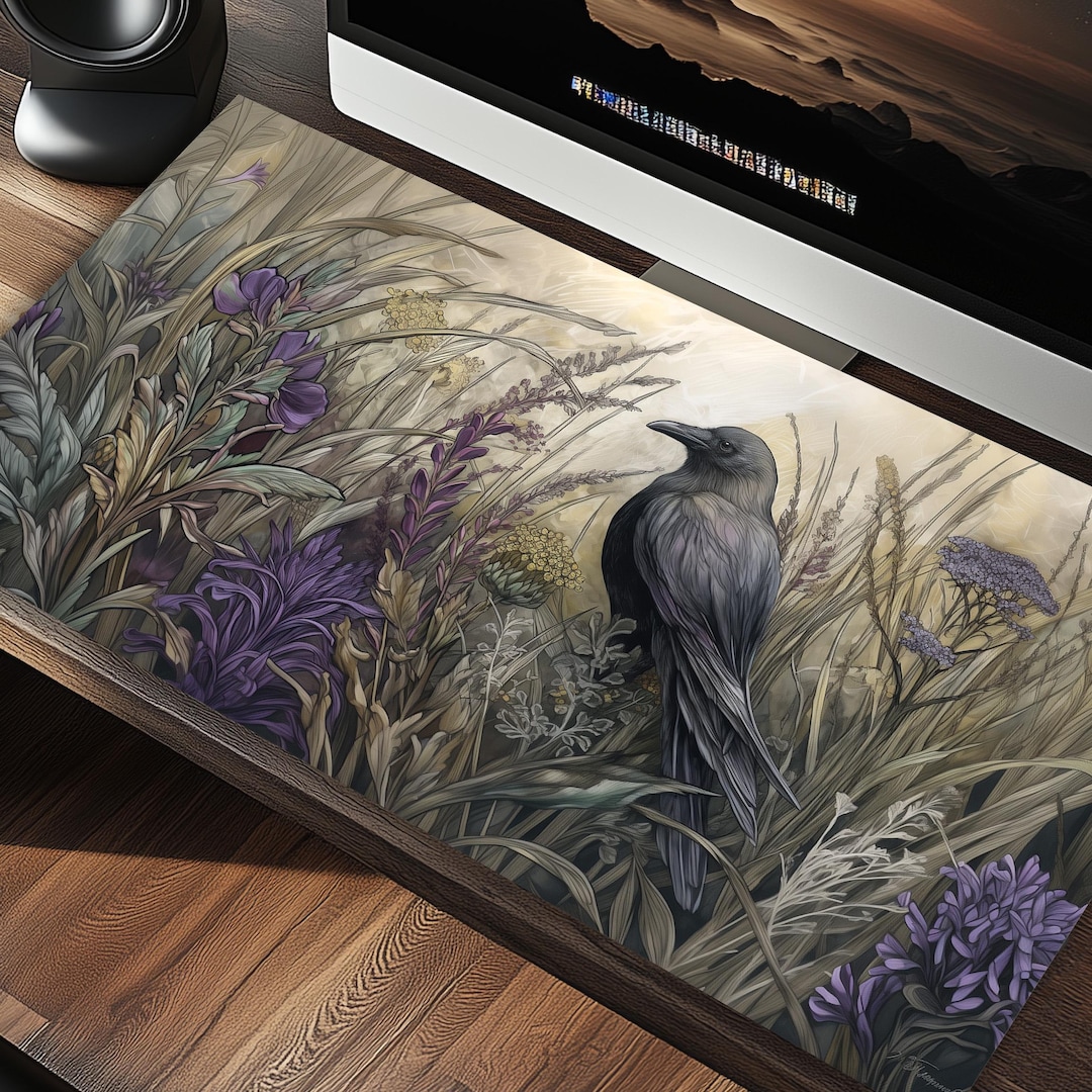 Enchanted Crow and Wildflowers Desk Mat - Nature-inspired Mouse Pad for ...