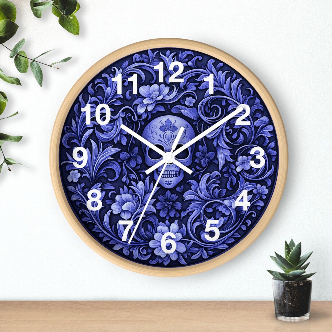 Blue Goth Skull and Floral Art 10" Round Wall Clock Living Room or ...