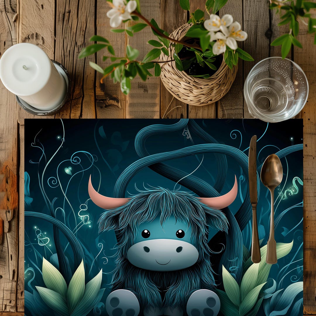 Mystic Highland Cow Dining Placemat - Cute Dark Forest Table Mat ...