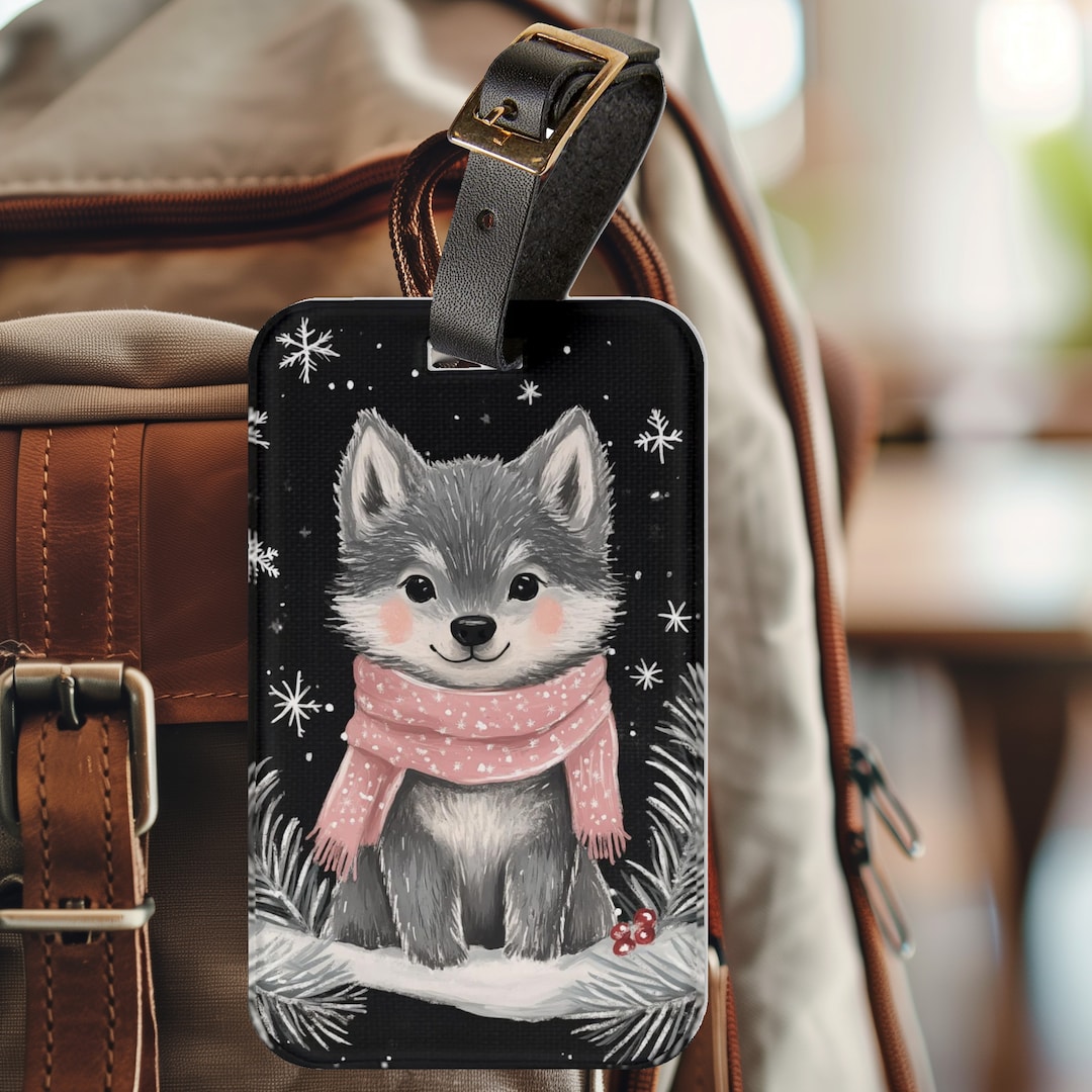 Kawaii Cute Luggage Tag Featuring a Cute Gray Wolf Cup Wearing a Pink ...