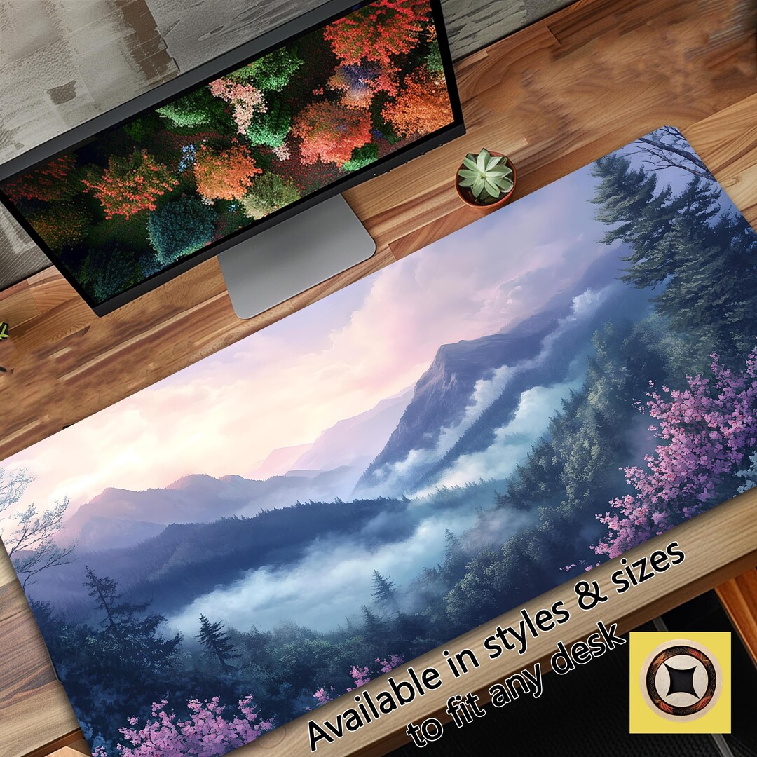Aesthetic Mountain Lofi Desk Pad Featuring Foggy Mountains in ...