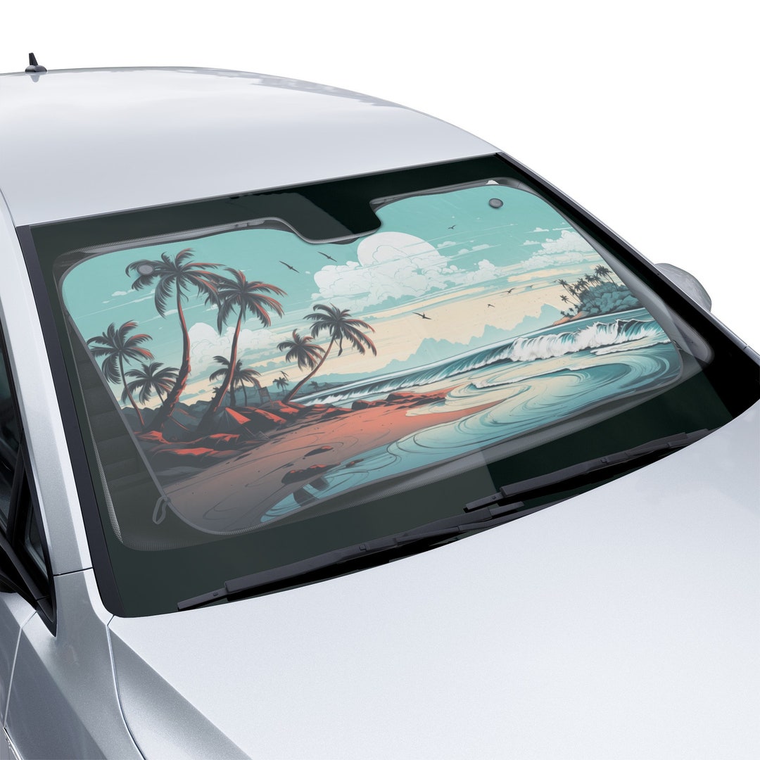 Retro Beach Car Sun Shade, Ocean Car Accessory, Windshield Shade for ...